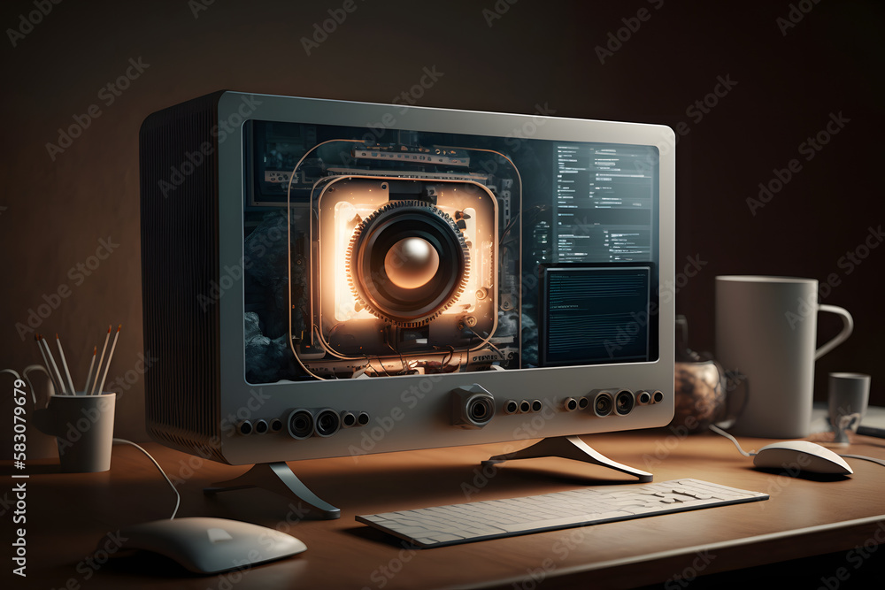 Computer on desk, screen projecting photorealistic images, on plain ...