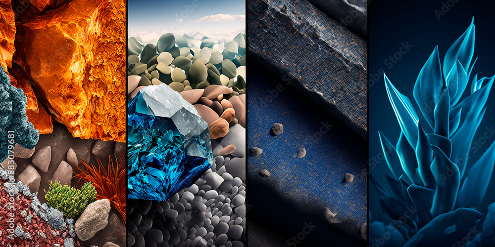 Collage wallpaper of textured natural stones and minerals of the planet ...