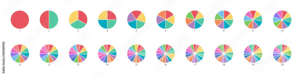 Pie chart color icons. Segment slice set. Circle section graph. 1,20,19,18,16,9 segment ...