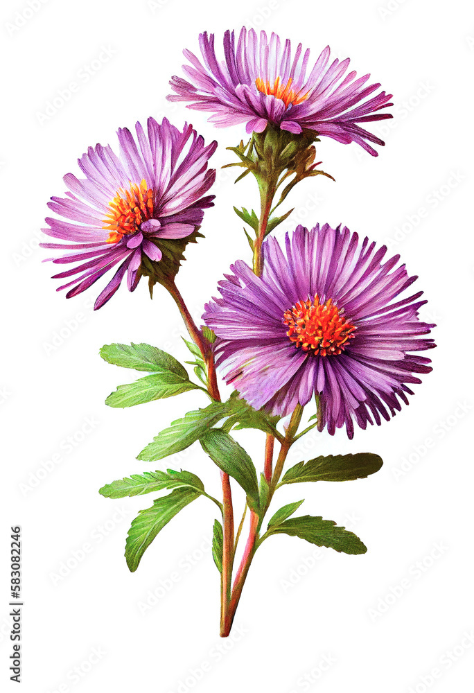Purple aster flower drawing isolated on white background. Watercolor ...