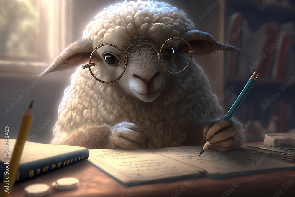 Elderly writer grandma sheep writing a story for her grandchildren ...