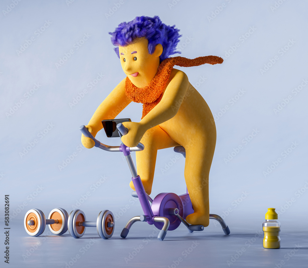 Stockillustratie Focused Yellow Character Trains On A Stationary Bike stockillustratie-focused-yellow-character-trains-on-a-stationary-bike