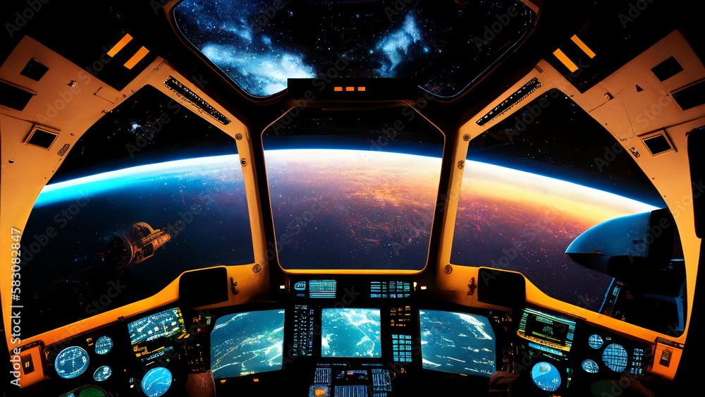 Spaceship, view of planet earth from a space station with Generative AI ...