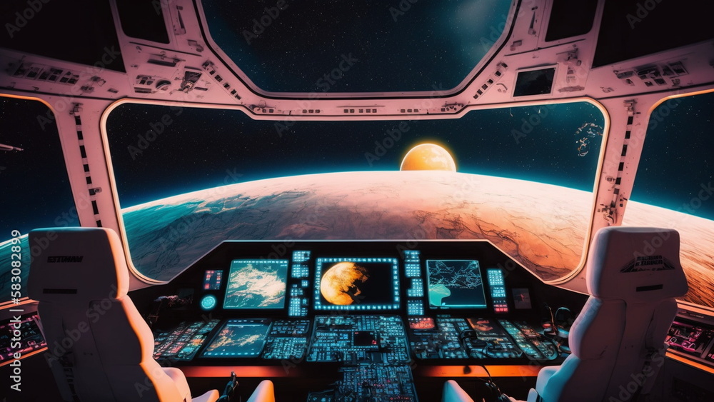 Spaceship, view of planet earth from a space station with Generative AI ...