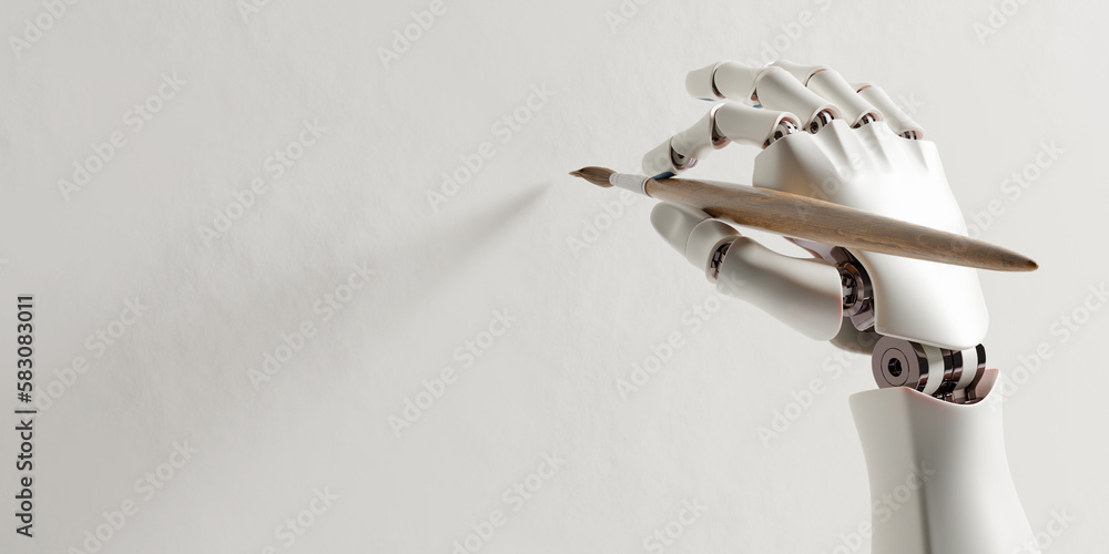 Robotic hand drawing with a paintbrush on a white canvas. Artificial ...