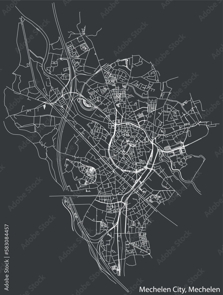 Detailed hand-drawn navigational urban street roads map of the MECHELEN ...