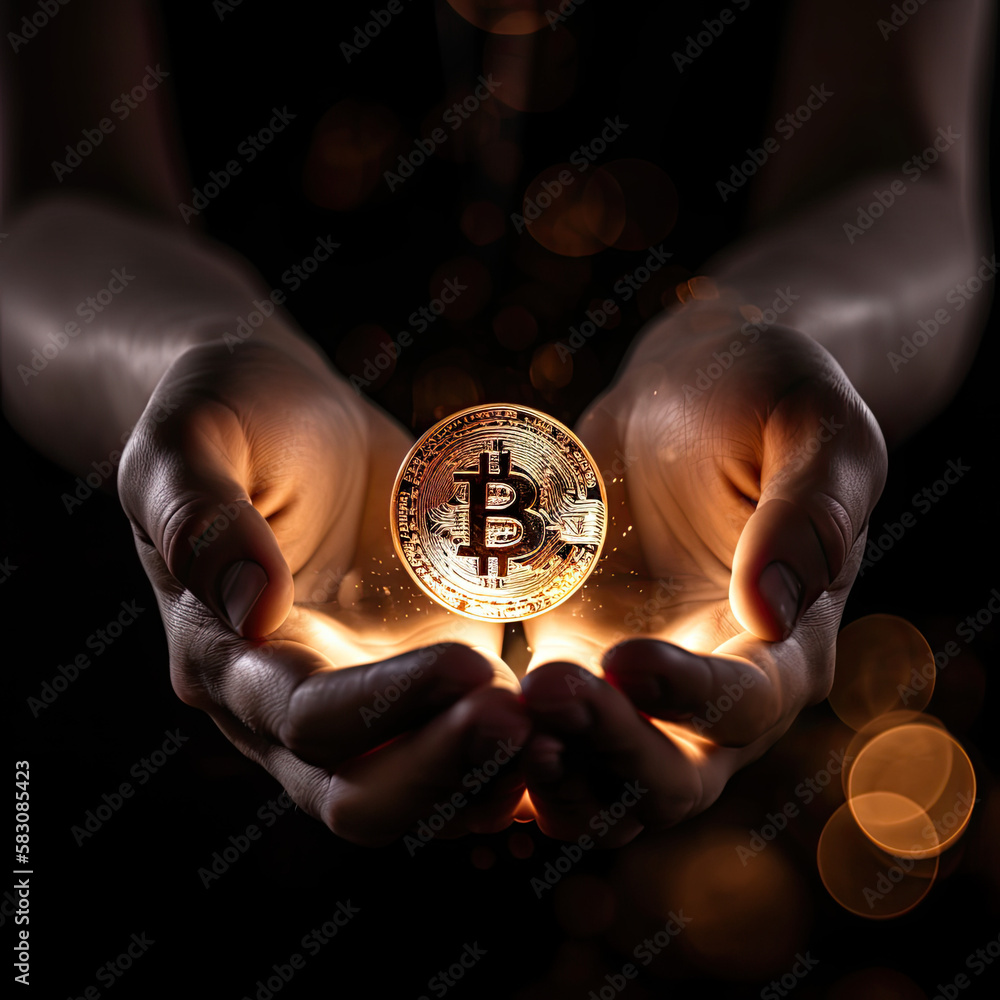 Bitcoin in hand created with generative AI Stock Illustration | Adobe Stock