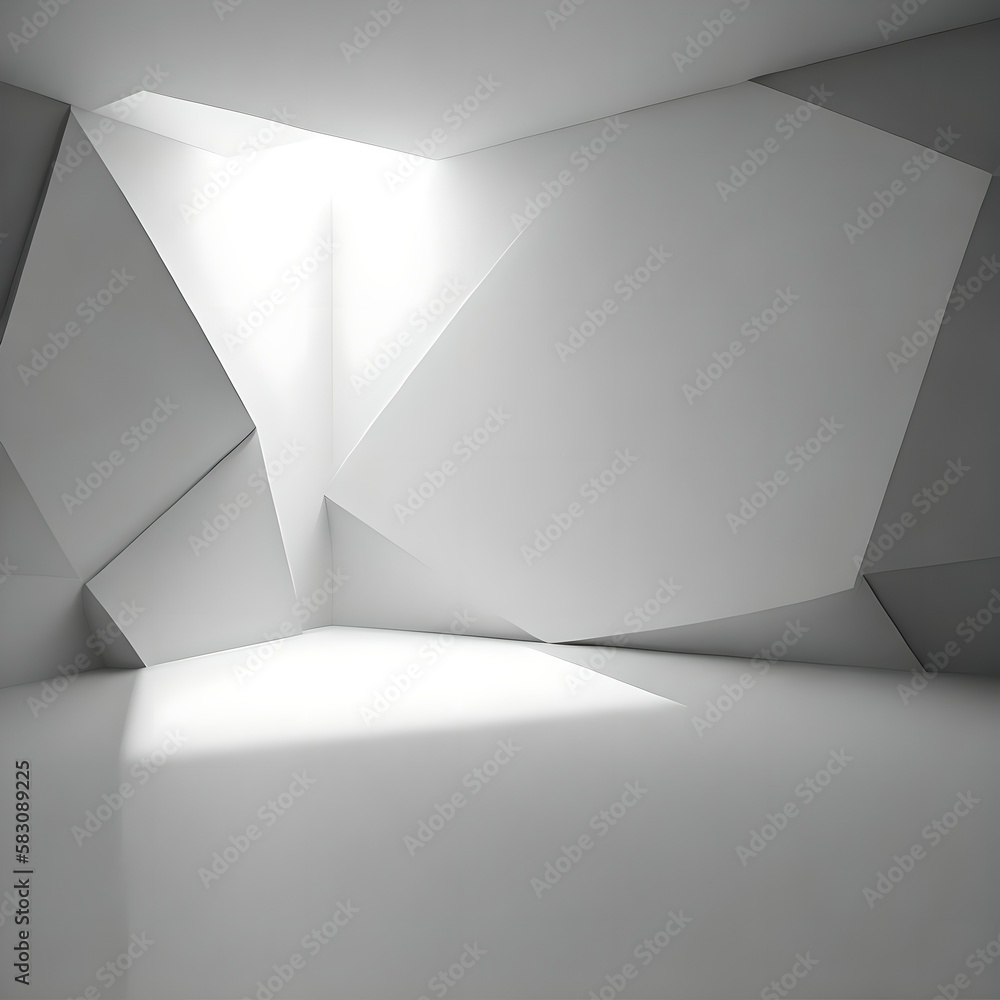 Empty internal background. White geometrically textured 3D wall, light ...