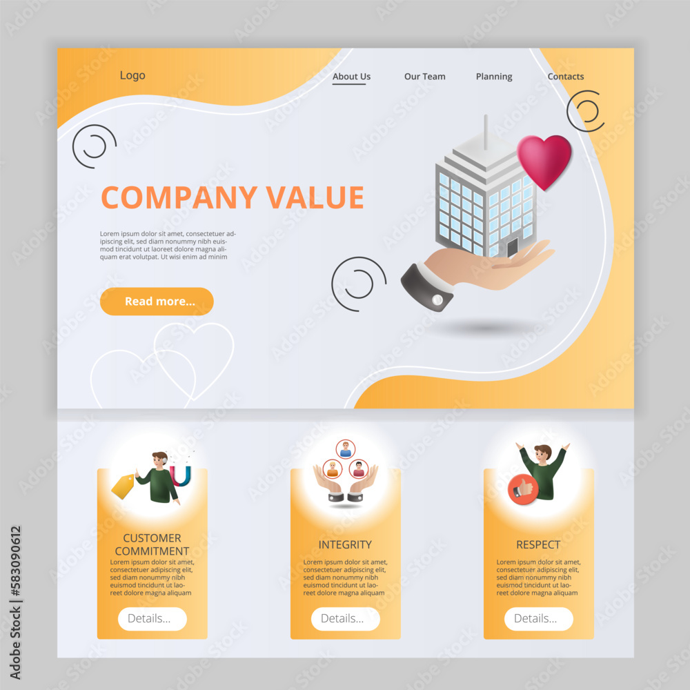 Company value flat landing page website template. Customer commitment ...