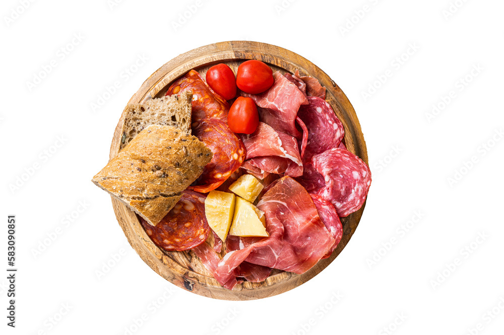 Cold meat plate, charcuterie traditional Spanish tapas on a wooden ...