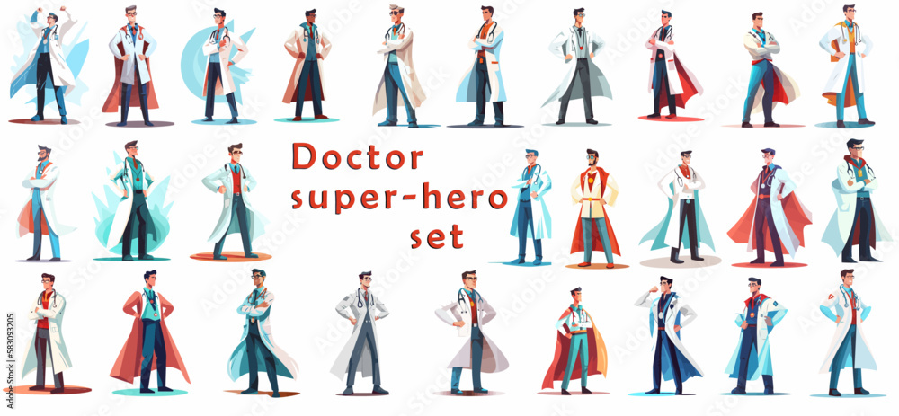 Set of illustrations of male Doctor super-hero in a medical uniform ...