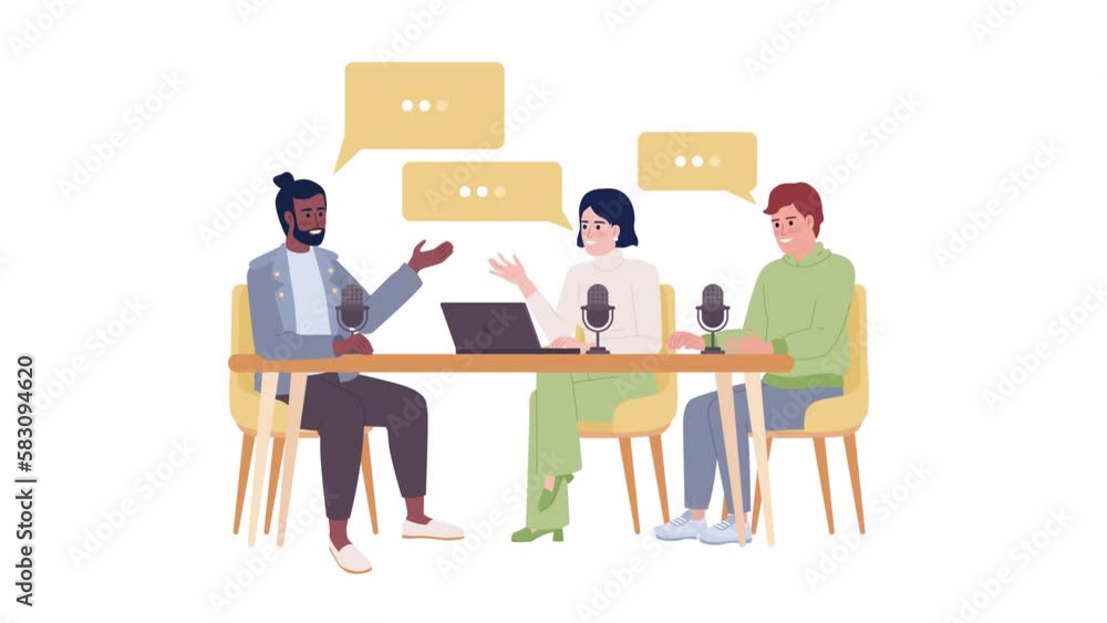 Animated three-person podcast setup. Hosts interviewing celebrity guest ...