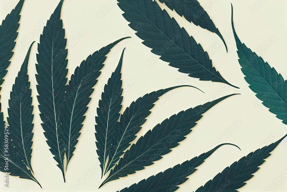 Cannabis plant leaves, stems and flower buds background texture. Indoor ...