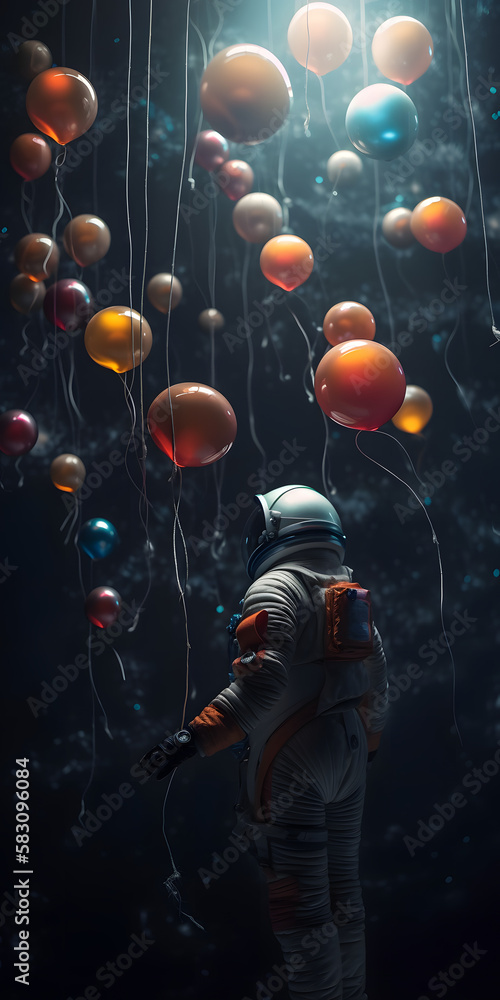 astronaut with balloons simulating planets in space, concept art ...