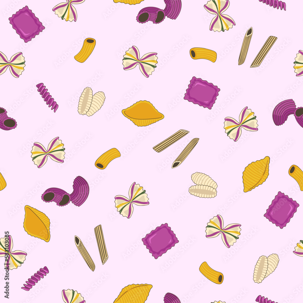 Seamless pattern with colored pasta in different shapes. Vector ...