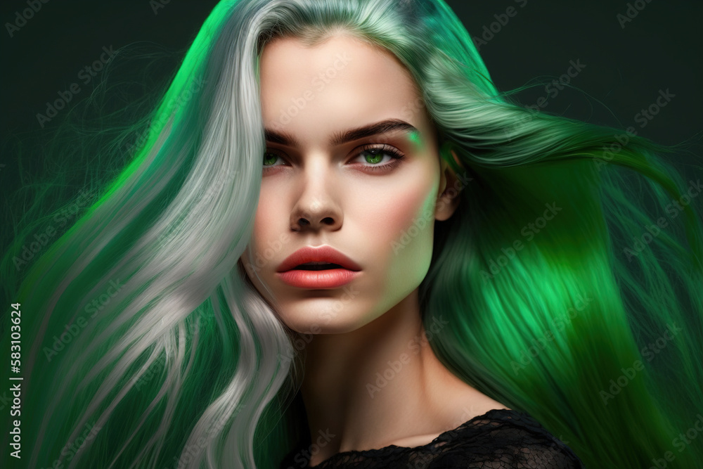 Girl with green hair and perfect makeup. Model with dyed hair. Green ...