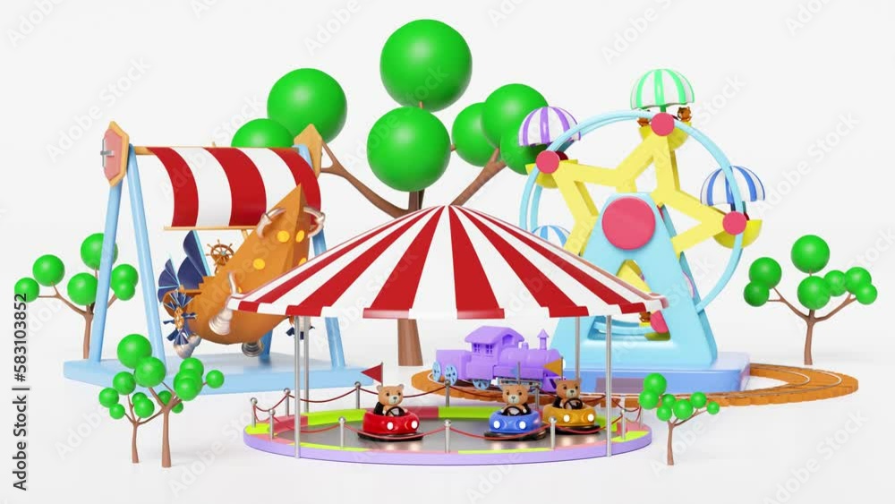 3d amusement park concept with electric bump car, teddy bear viking ...