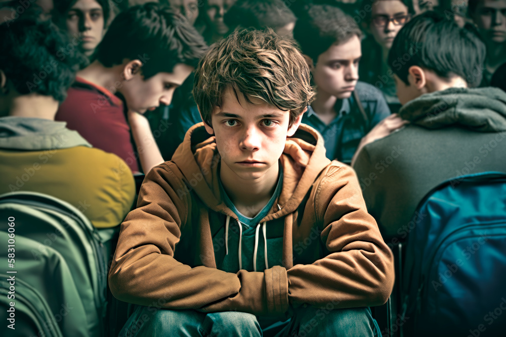 Upset and sad teen boy in hoodie looking at camera against class with ...