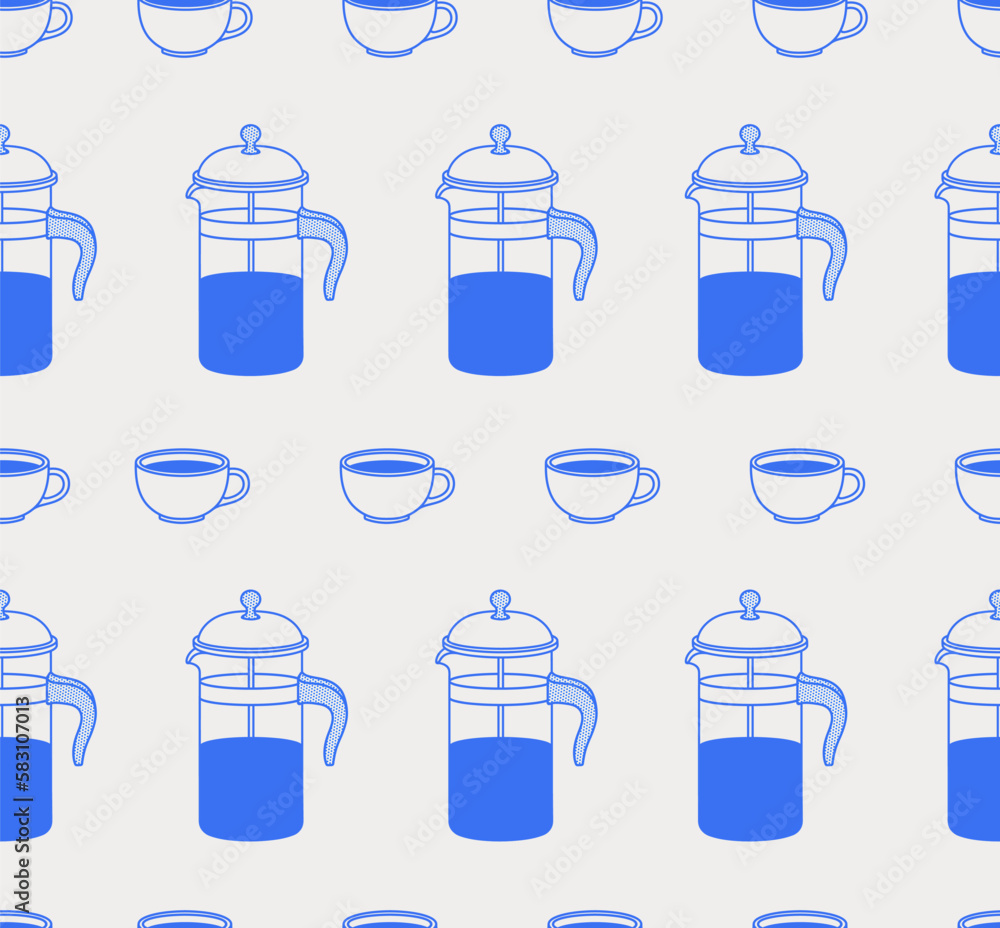 Seamless pattern of french press and cup. Line art, retro. Vector ...