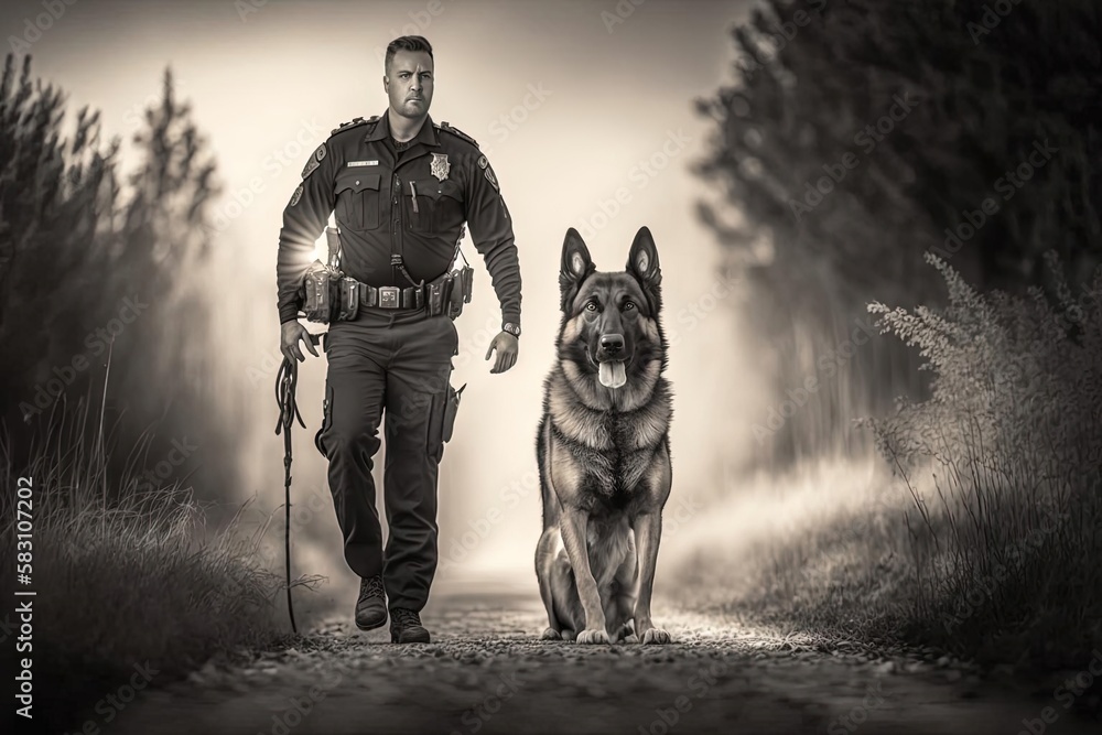 Conceptual Portrait of Man Walking K9 Police Dog Down Dirt Road ...