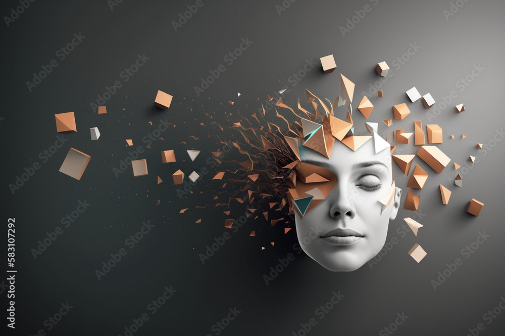 Woman's head on the wall with exploding geometric shapes flying in ...