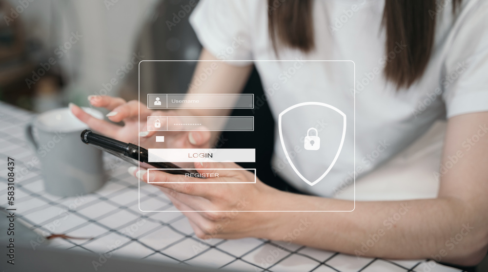 woman typing login and password in the concept of cyber security ...