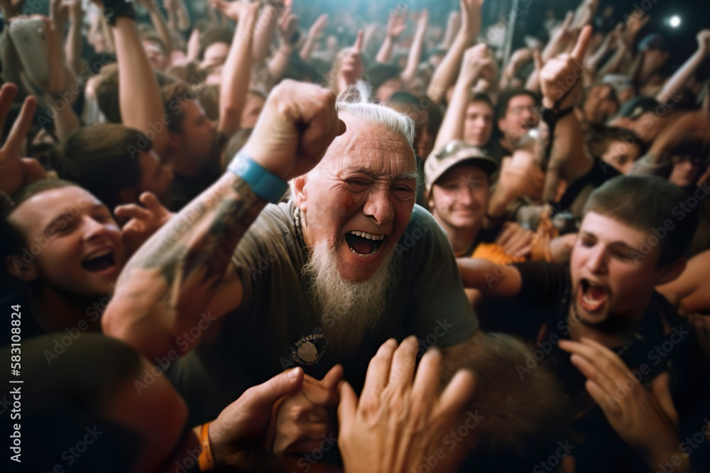 AI illustration of a happy man crowd surfing and having fun at the rock ...