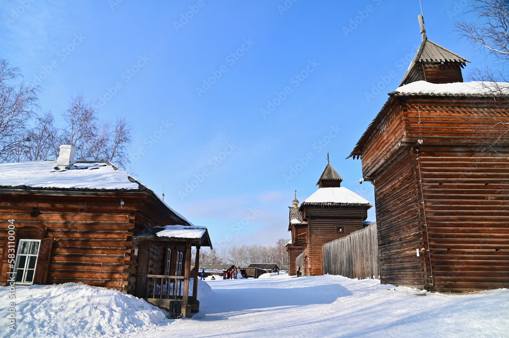 Winter Scenery of Siberian Wooden Houses Village at Taltsy Museum of ...