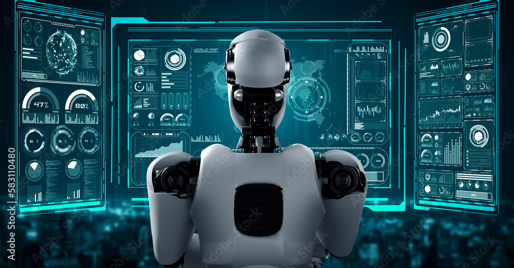 Thinking AI hominoid robot analyzing hologram screen showing concept ...
