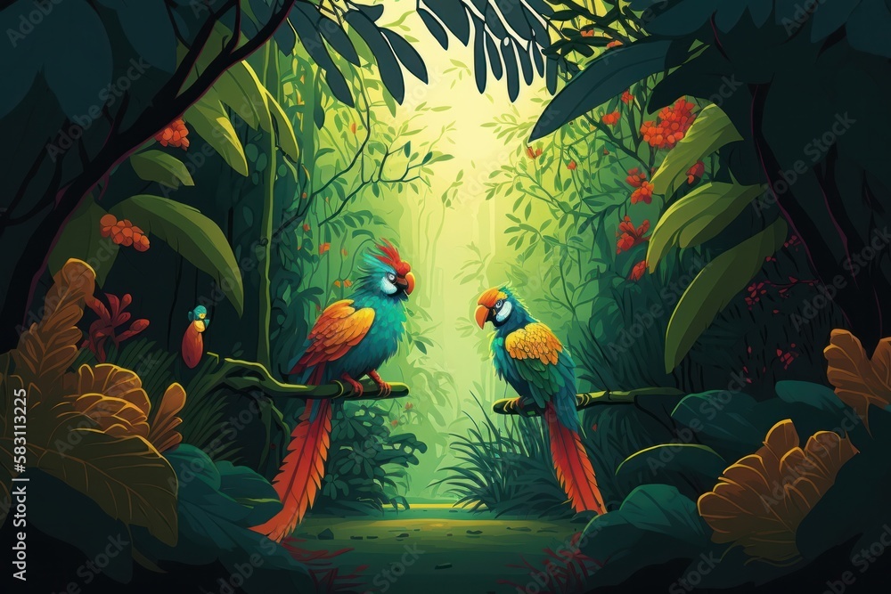 Two parrots in the jungle. Vector illustration in cartoon style. Stock ...