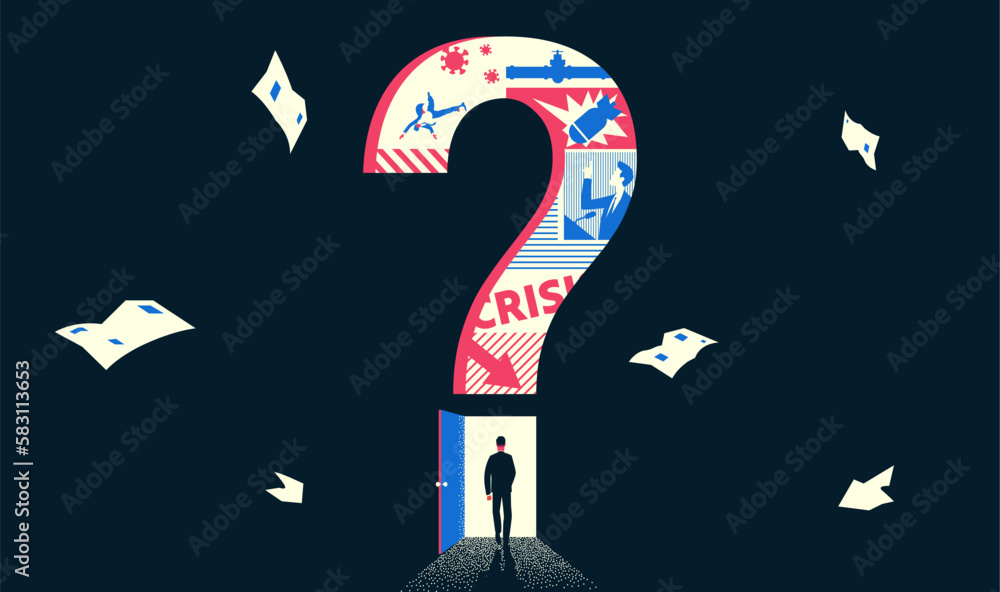 Man entering the door in a big question mark. Financial crisis, banking ...