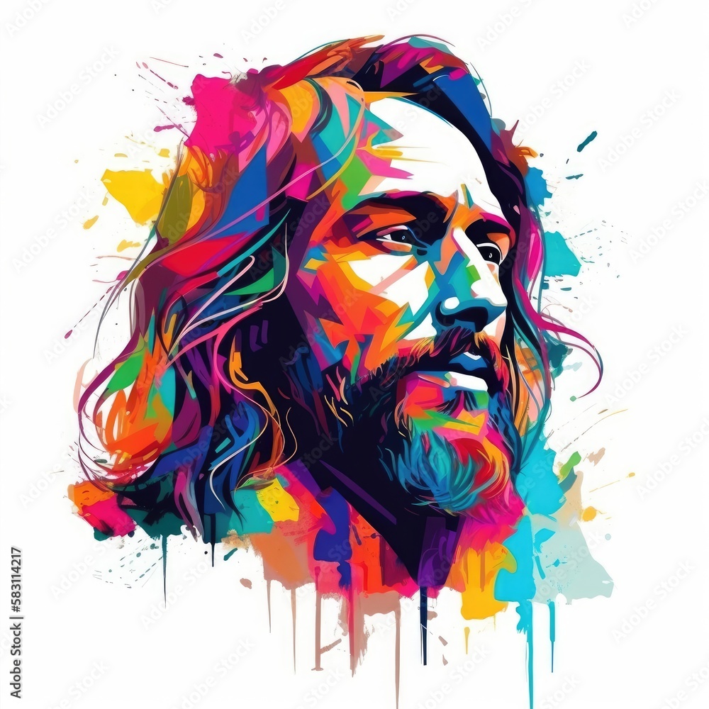 Silhouette painting of the face of Jesus Christ with various colors ...