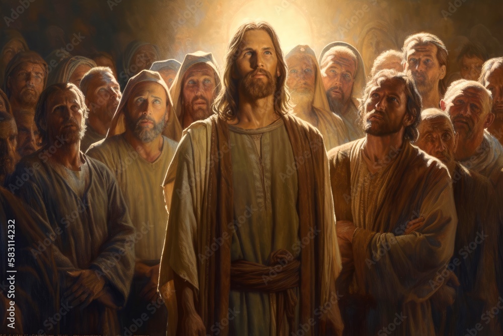 Painting of Jesus together with the disciples and the crowd in prayer ...
