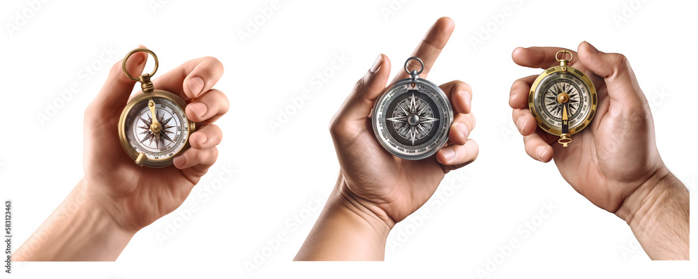 Collection of three hands holding a compass on a transparent background ...