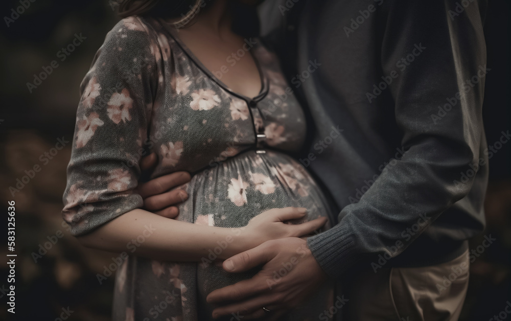 Close up of a Pregnant belly, with both the mothers and fathers hands ...