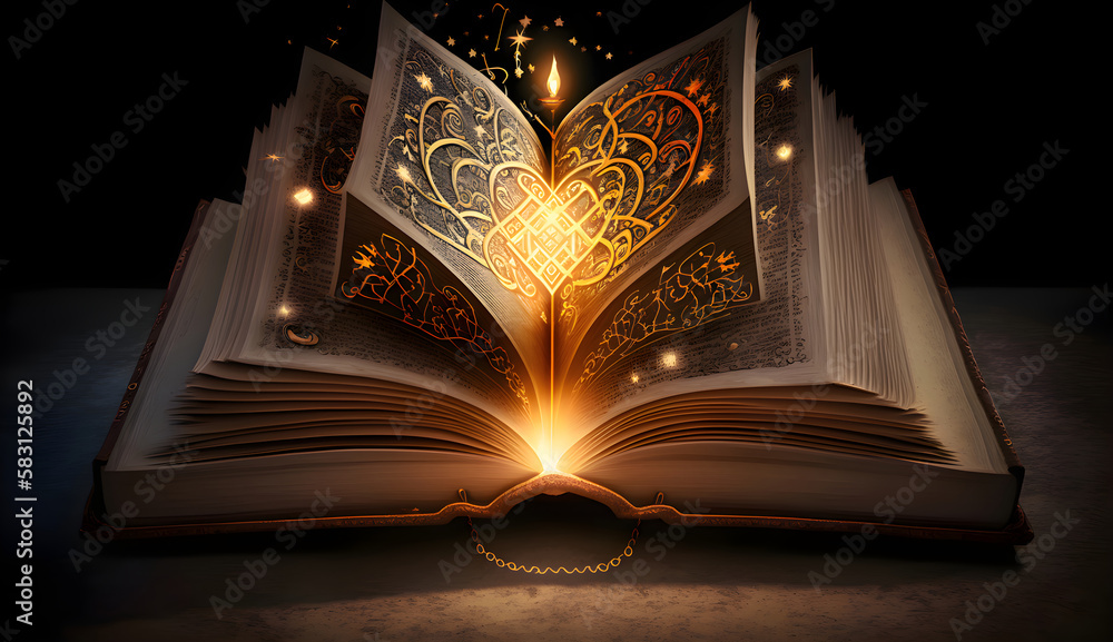 magic book with antique pages that are open and filled with abstract ...