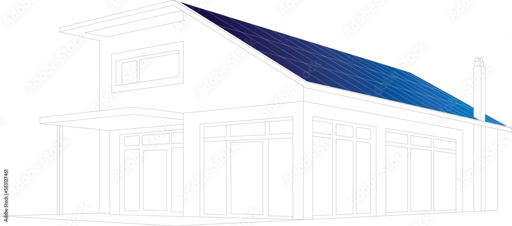 Line drawing of smart home with renewable energy source solar panels ...