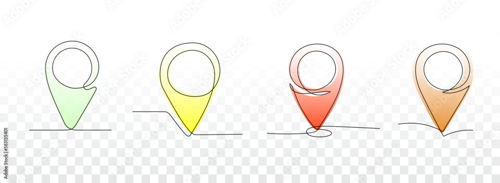 Continuous single line drawing of colored map pins. Editable stroke ...
