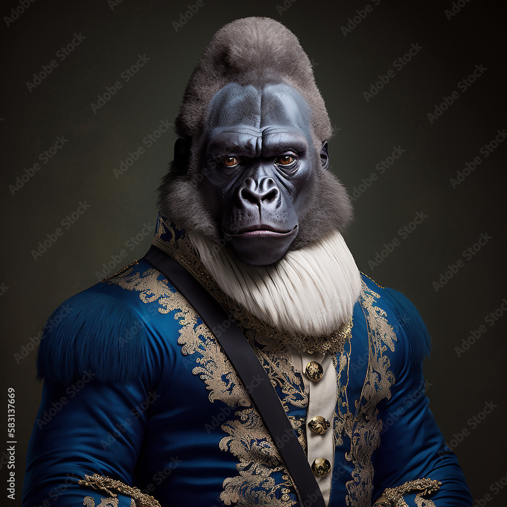 Realistic lifelike glam gorilla in baroque noble regal 18th century ...