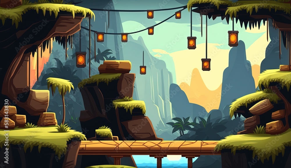 Scenery for a 2D platform game, background for retro game, Generative ...