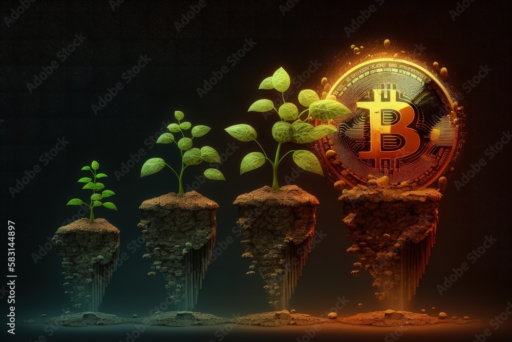Bitcoin plant, stages of bitcoin growth in plant form, black background ...