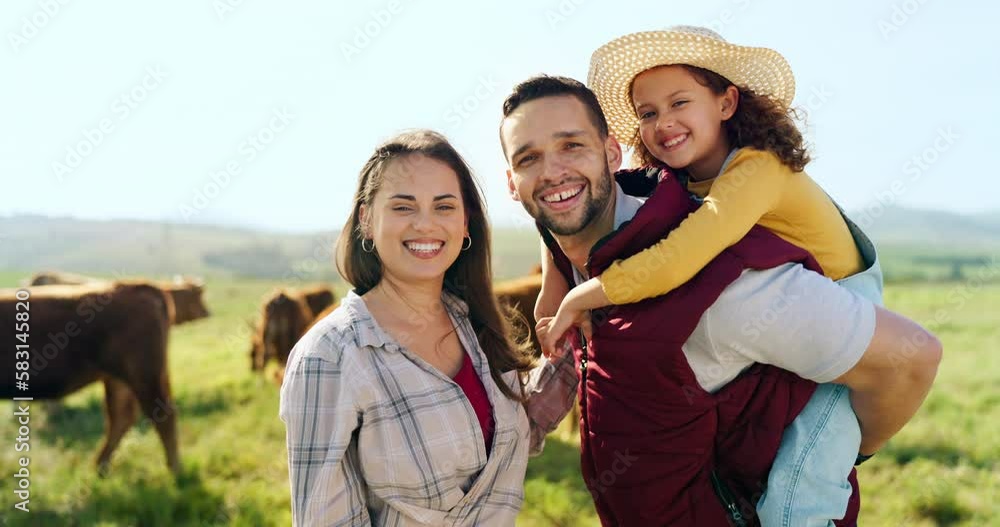 Man, woman and girl bonding on farm in nature environment ...