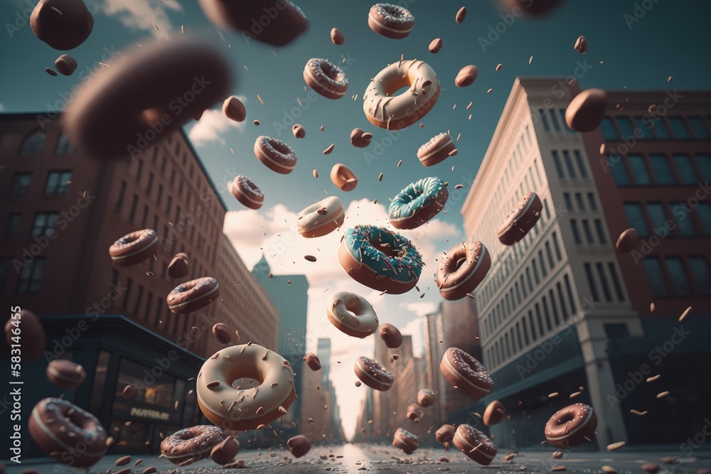 Donut rain in big metropoli, Donuts falling from the sky in the city ...