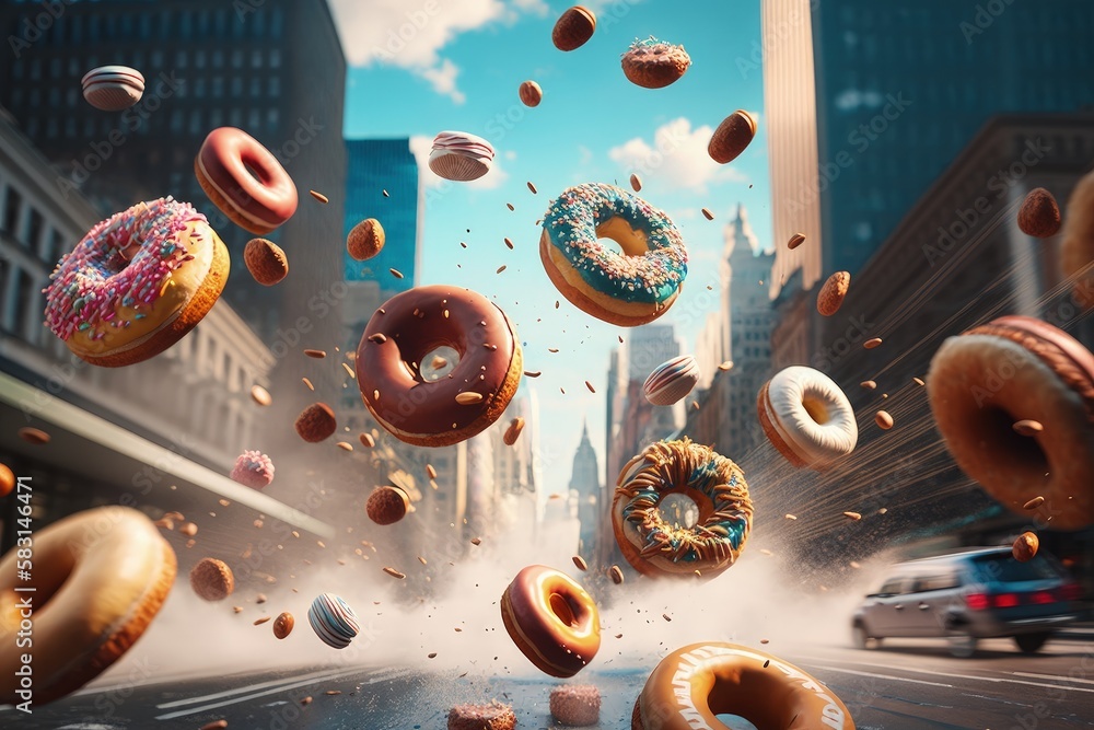 ภาพประกอบสต็อก Donut rain in big metropoli, Donuts falling from the sky in the city, Generative ...