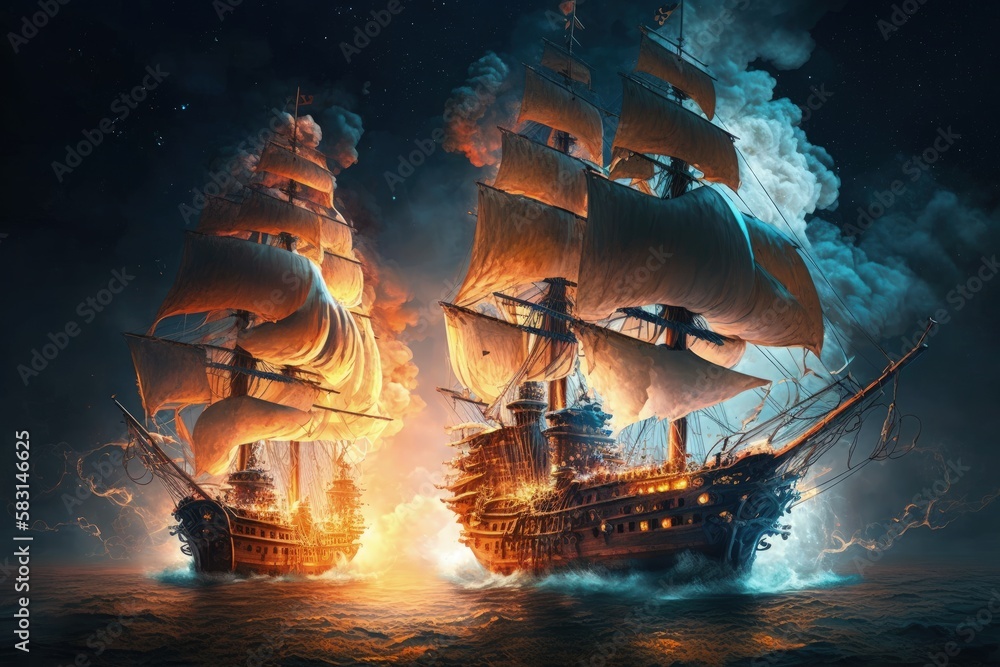 ภาพประกอบสต็อก Ships on Fire in Medieval Battleships, Pirate ships ...