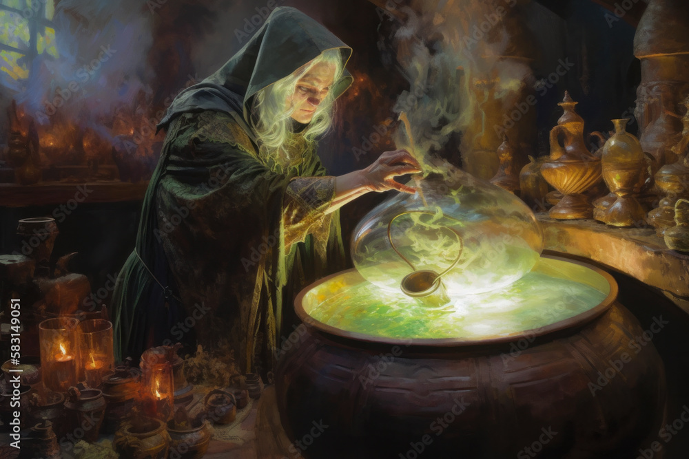 Old witch brews a green gurgling magic potion in a large cauldron ...