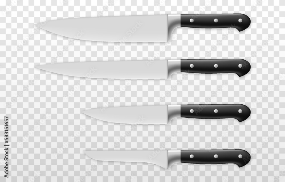 Vector set of realistic kitchen knives on an isolated transparent ...