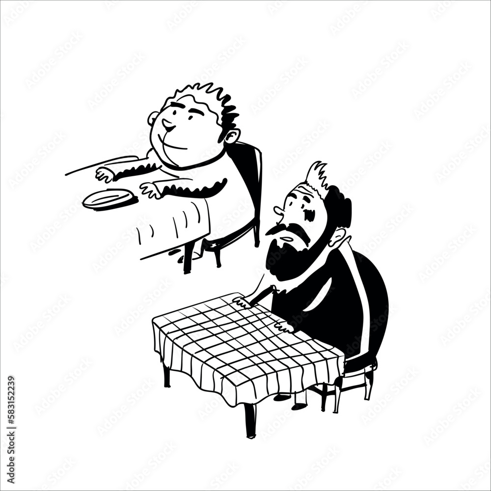 Two man eating at restaurant tables. Hand drawing vector cartoon ...