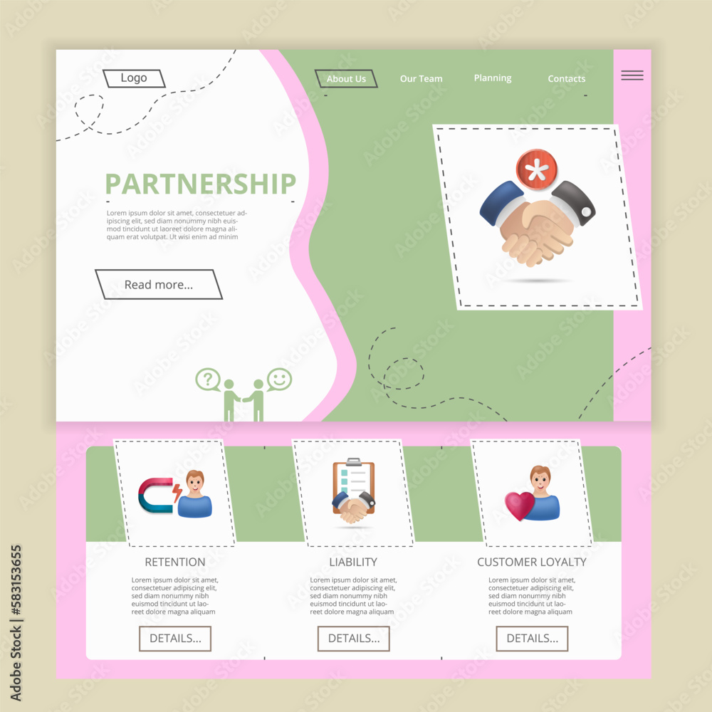 Partnership flat landing page website template. Retention, liability ...