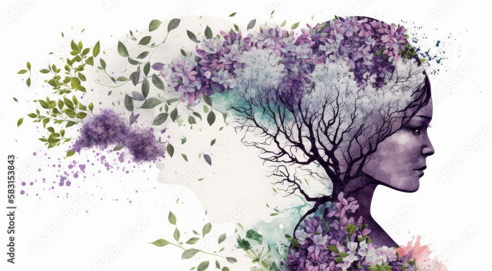 Blooming woman's head with flowers. Self-care and mental health concept ...